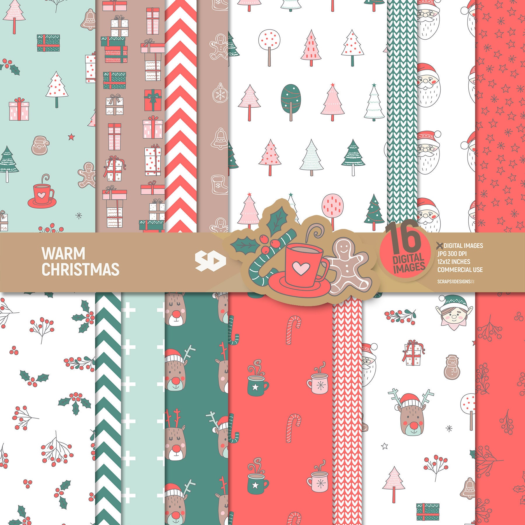 Warm Christmas Digital Paper Santa Scrapbook Pages Christmas | Etsy
