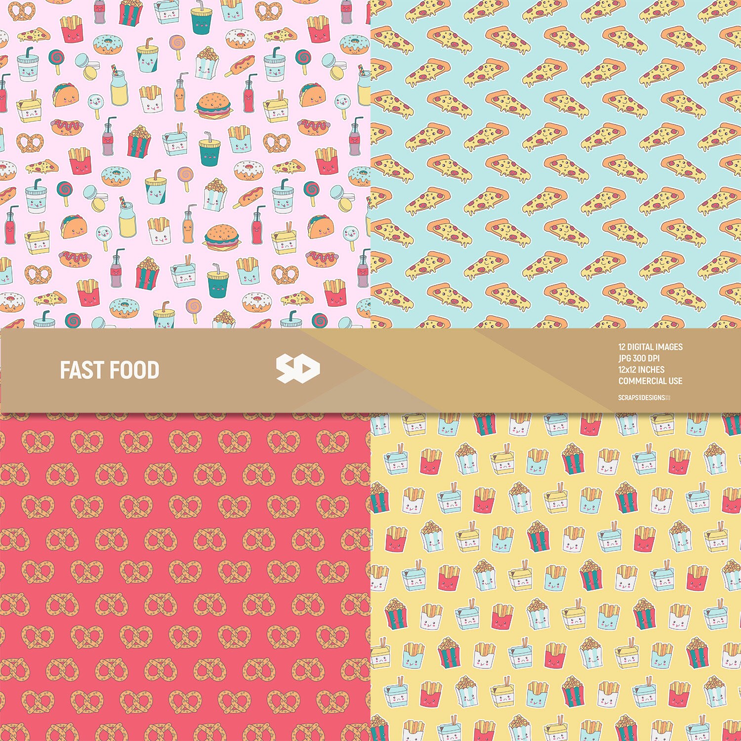 Fast Food Digital Paper Pack. Food Scrapbooking Pages Kawaii | Etsy