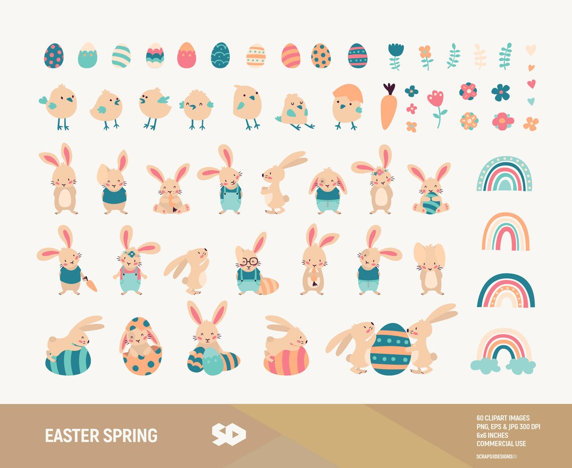 Easter Spring Clipart Bunny Clip Art Floral Clipart Rainbow | Etsy