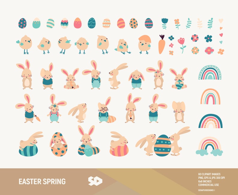Easter Spring Clipart Bunny Clip Art Floral Clipart Rainbow | Etsy
