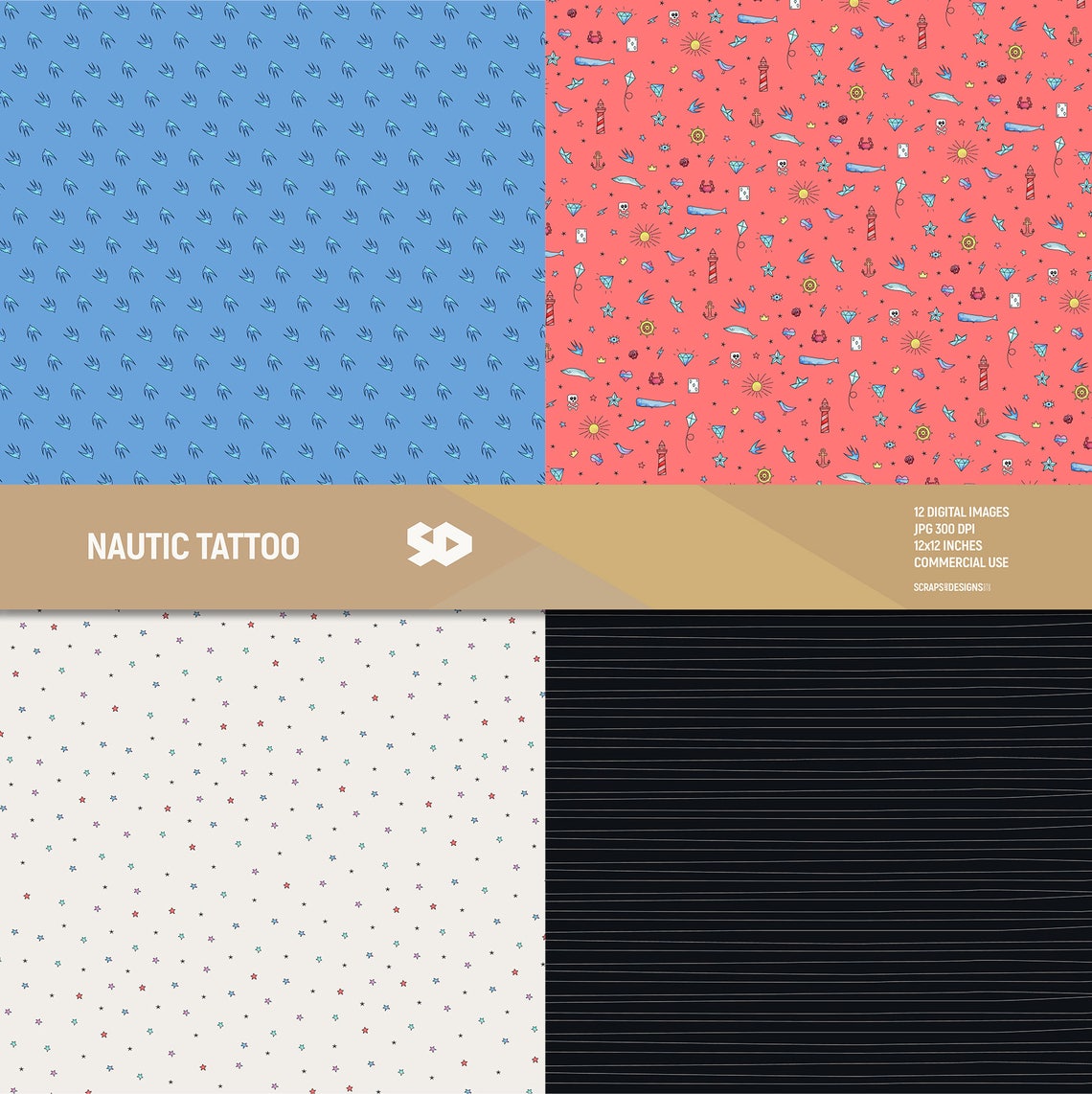Nautical Tattoo Digital Paper Pack. Hand Draw Scrapbooking Pages ...