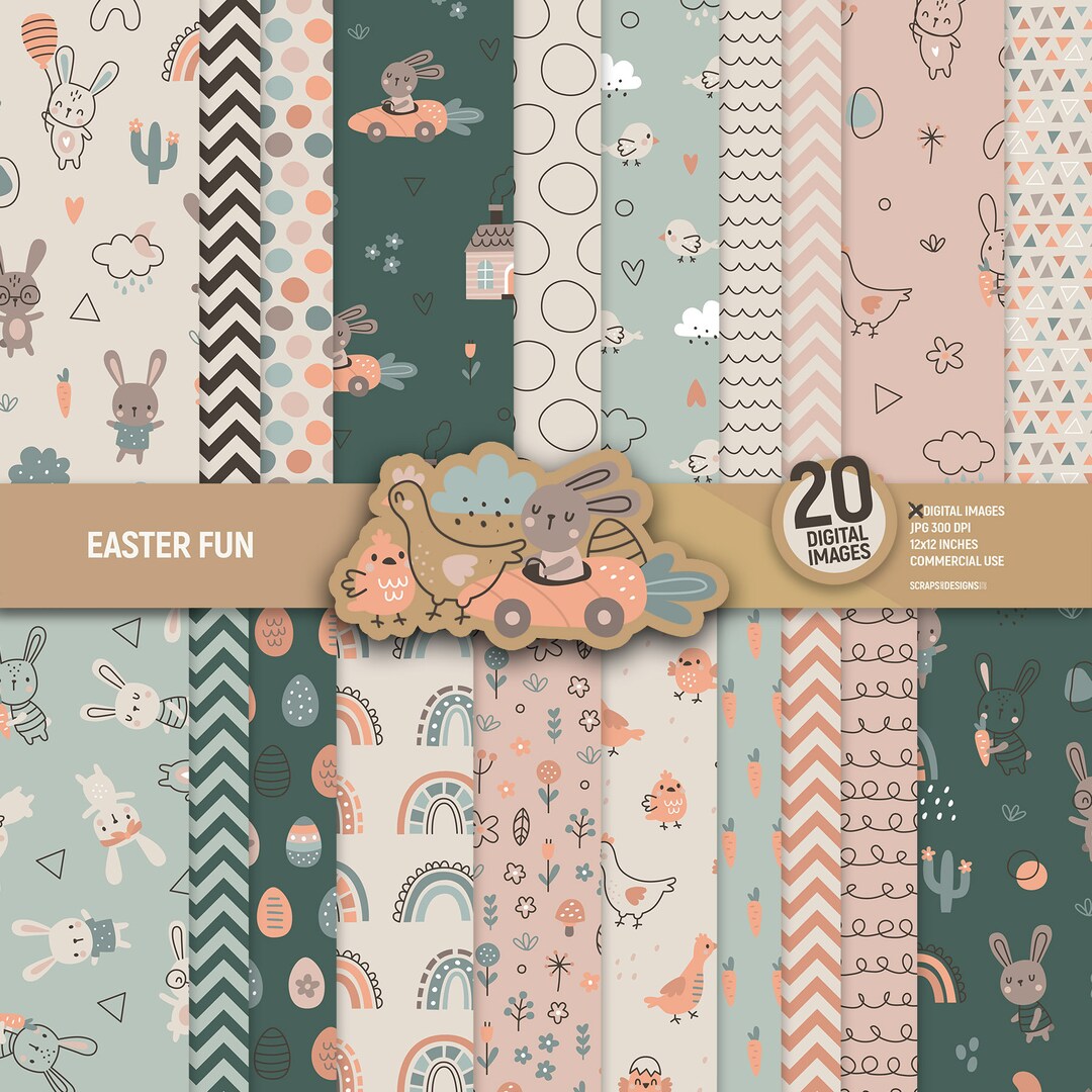 Easter Fun Digital Paper, Bunny Scrapbook Pages, Floral Pattern, Boho ...