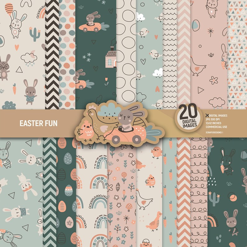 Easter Fun Digital Paper, Bunny Scrapbook Pages, Floral Pattern, Boho ...