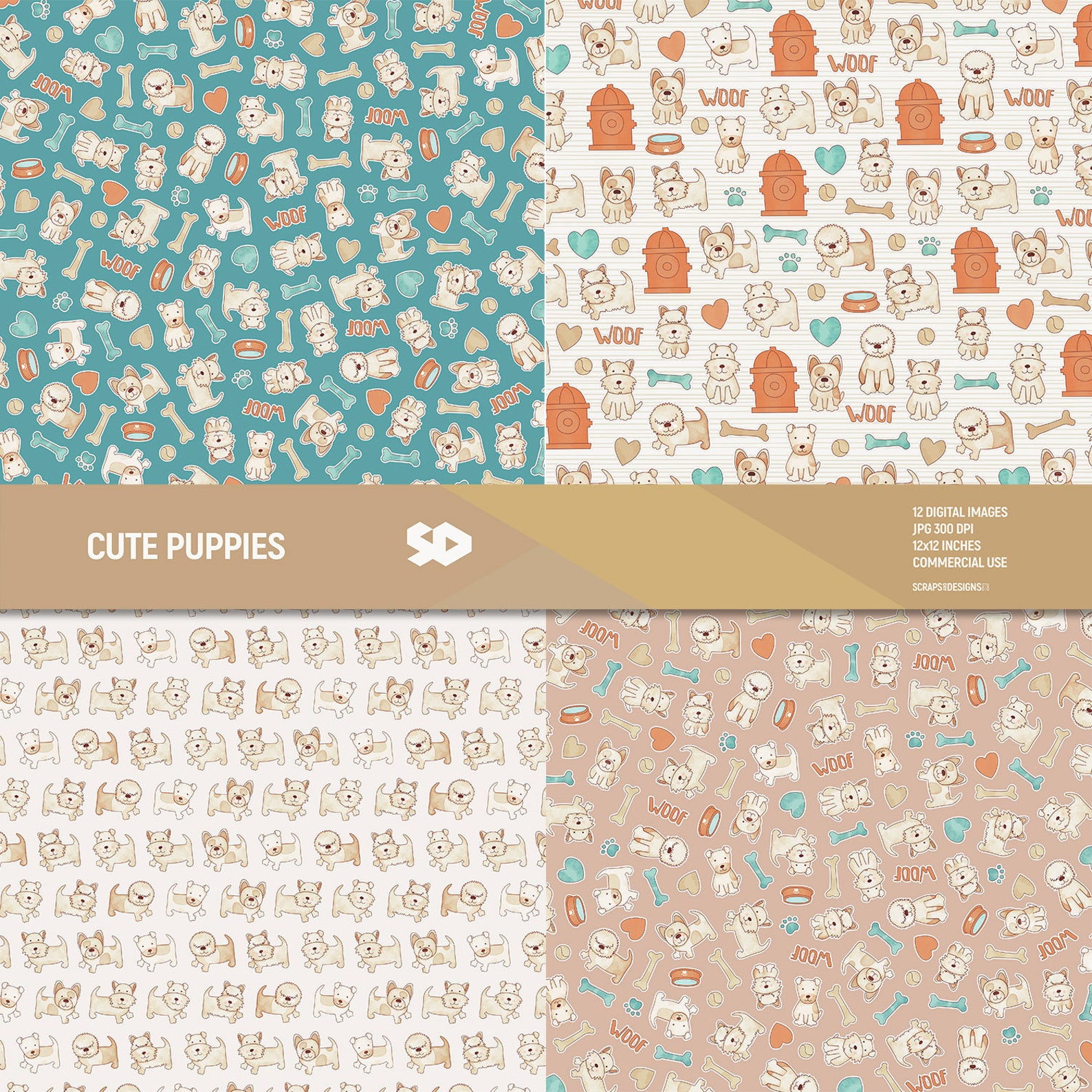 Cute Puppies Digital Paper Pack, Dog Scrapbook Pages, Bobtail Patterns ...