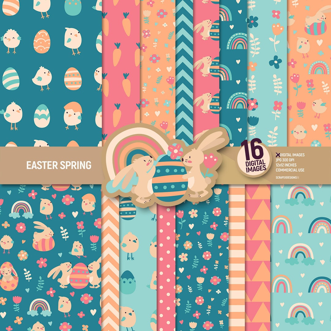 Easter Spring Digital Paper, Bunny Scrapbook Pages, Floral Pattern ...