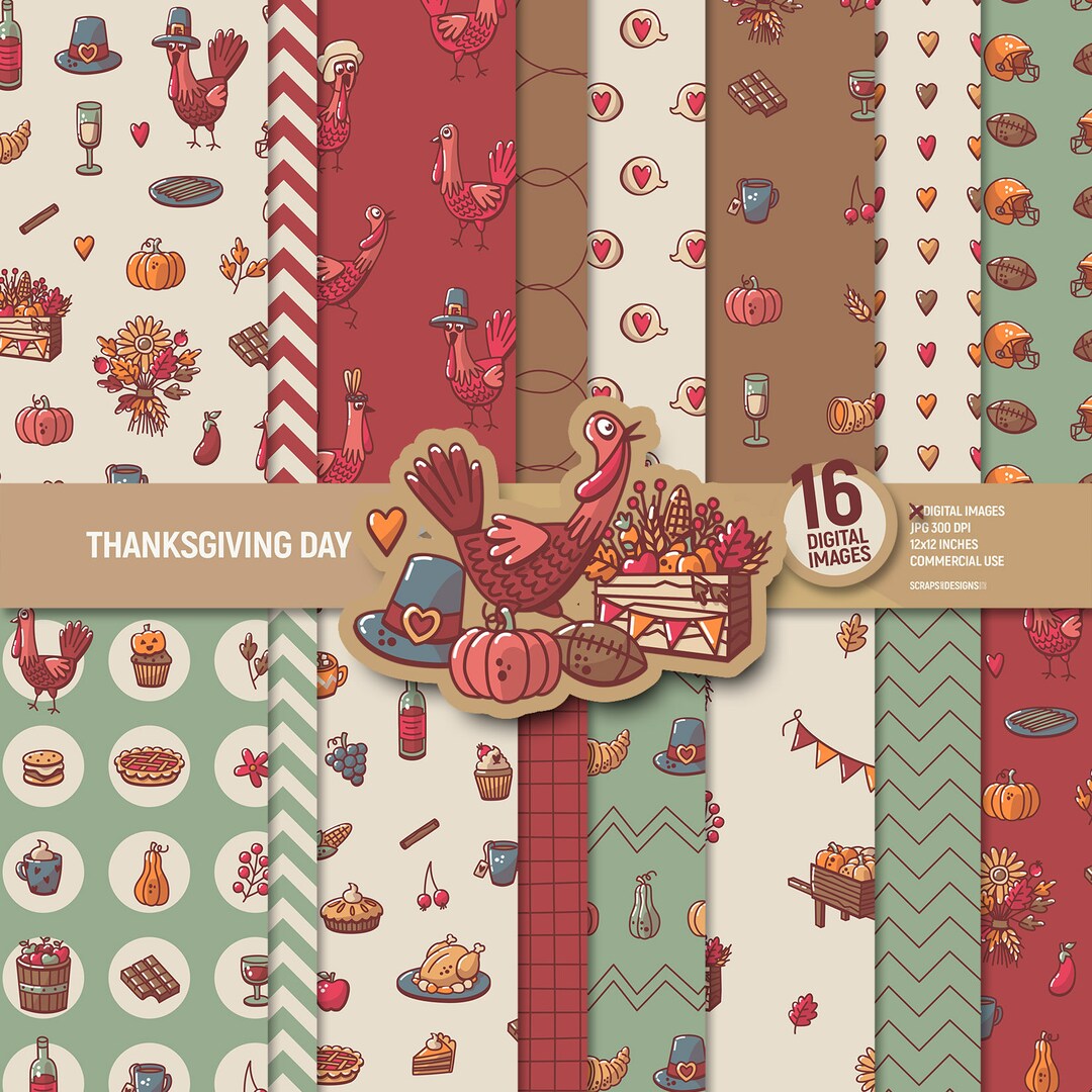 Thanksgiving Day Digital Paper. Turkey Fall Autumn Scrapbooking Pages ...