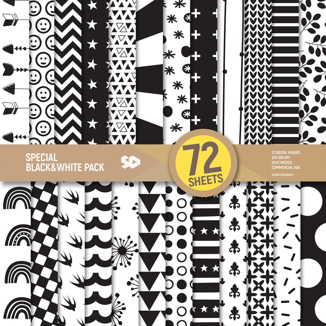 72 Black and White Digital Paper Pack. Patterns Scrapbooking - Etsy