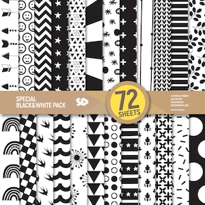 72 Black and White Digital Paper Pack. Patterns, Scrapbooking Pages. B ...