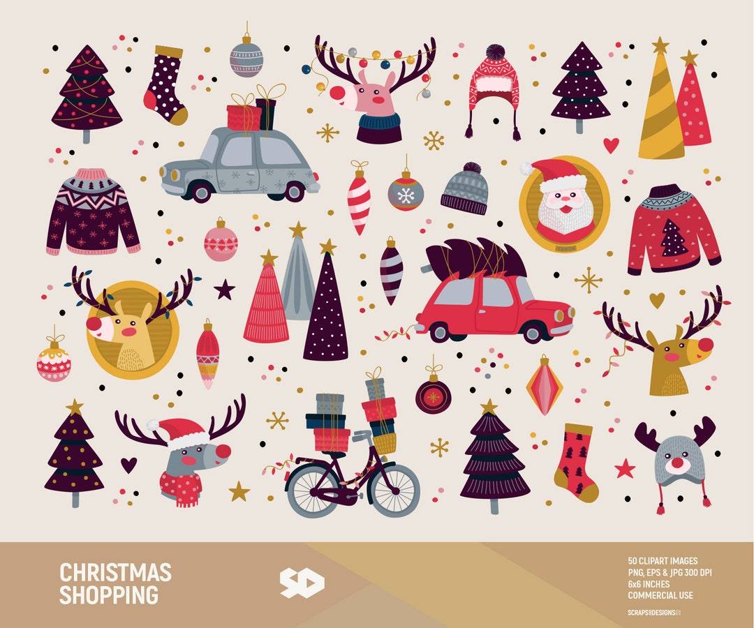Christmas Shopping Clipart, Xmas Presents Clip Art. Tree, Reindeer ...