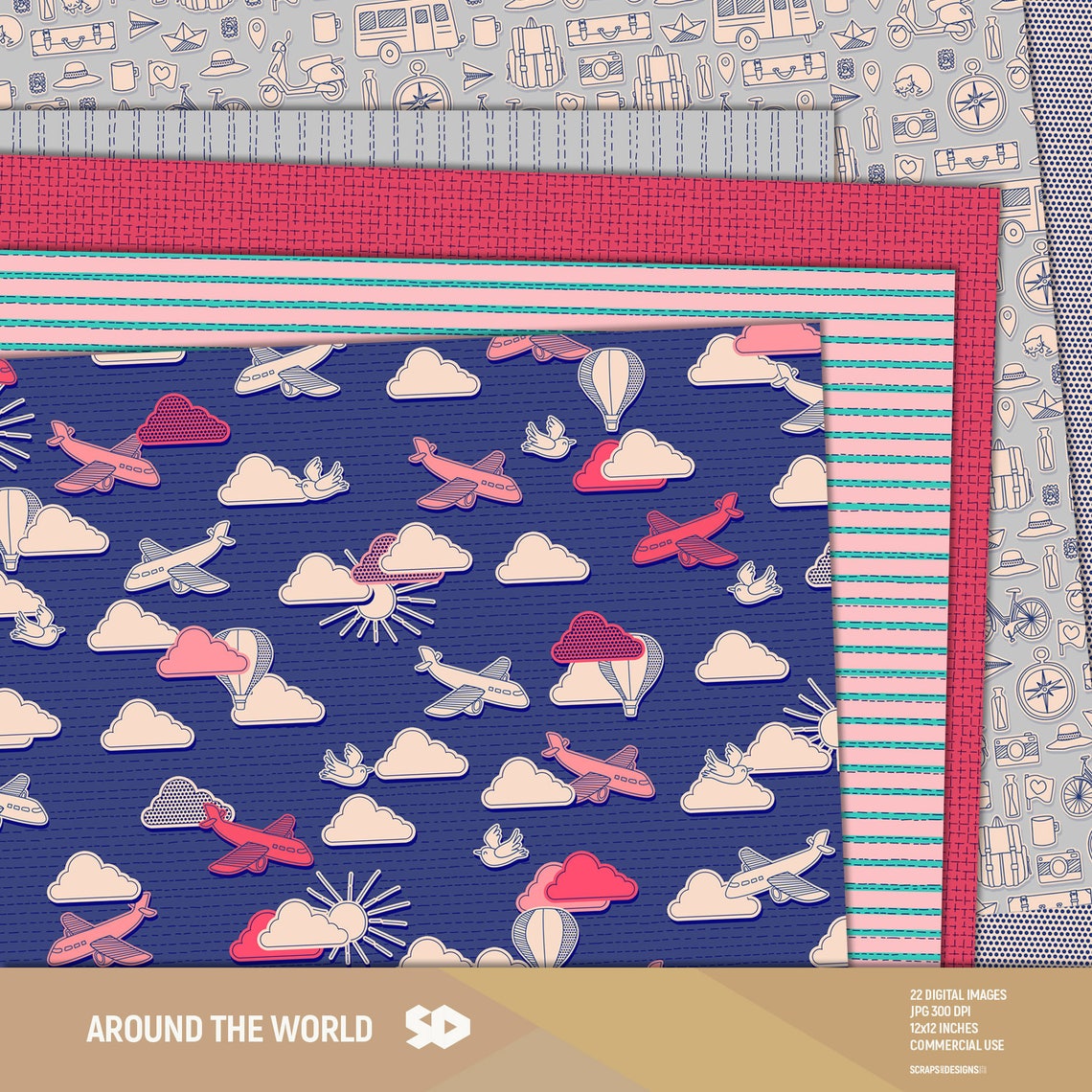 Travel Digital Paper Pack. Vacation Scrapbooking Pages World Background ...