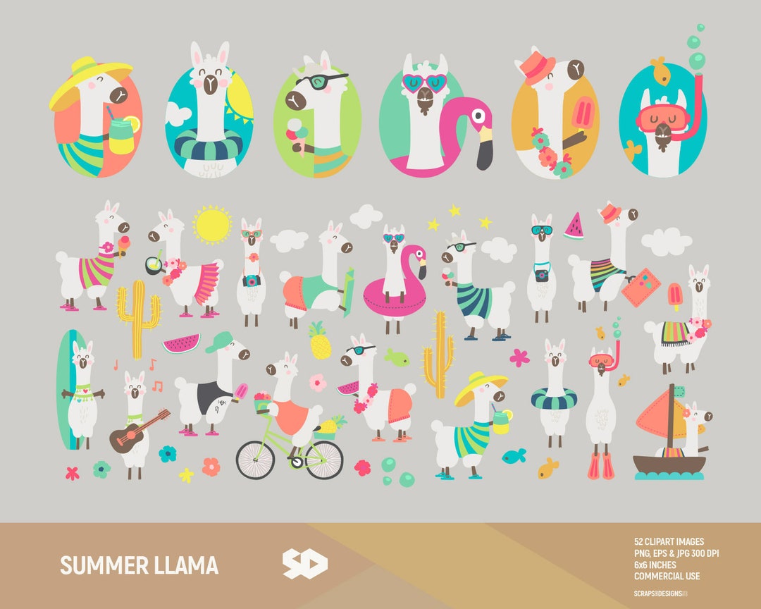 Summer Llama Clipart, Cactus Clip Art, Alpaca Clipart, Hawaii Draw ...
