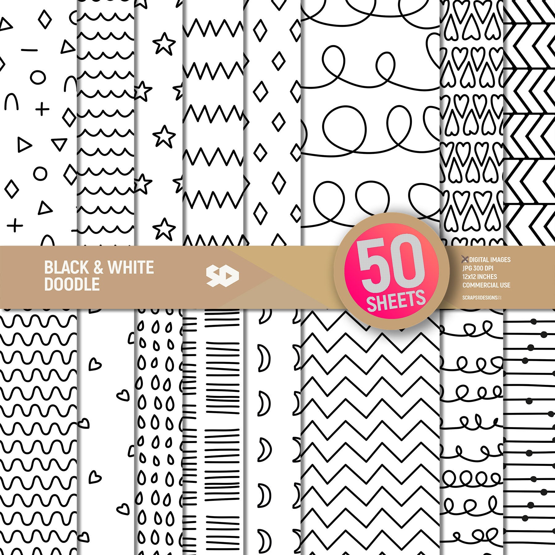 50 Black and White Doodle Digital Paper Pack. Patterns Scrapbooking ...