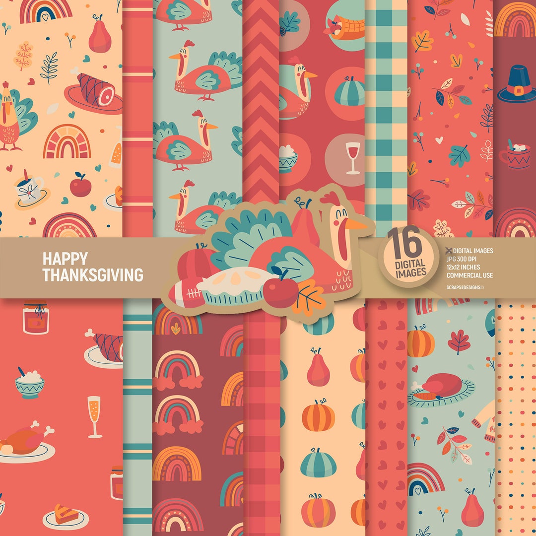 Happy Thanksgiving Digital Paper, Fall Autumn Scrapbook Pages. Turkey ...