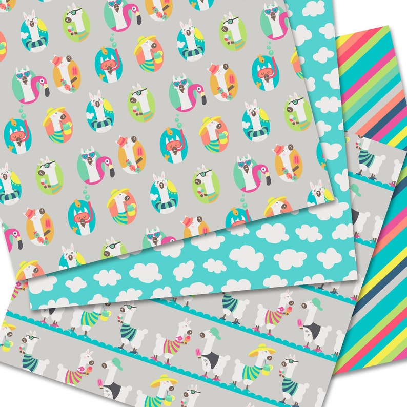 Summer Llama Digital Paper Pack, Cactus Scrapbook Pages, Alpaca ...