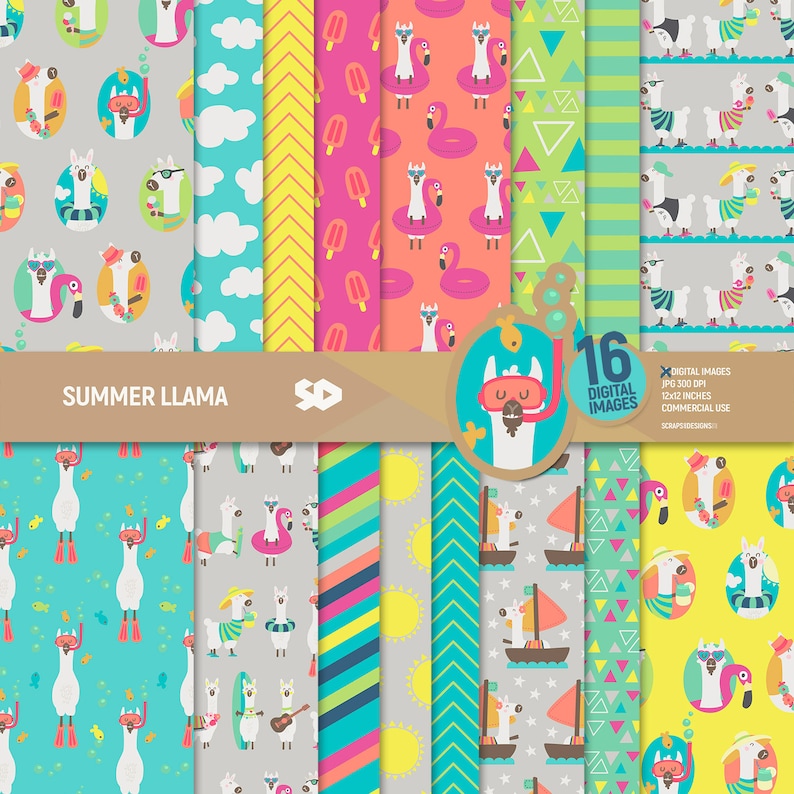 Summer Llama Digital Paper Pack, Cactus Scrapbook Pages, Alpaca ...