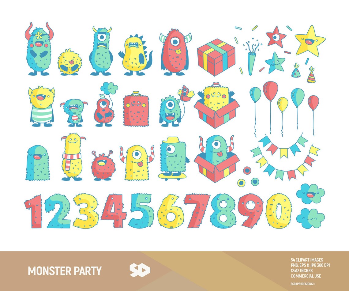 Monster Party Clipart Children Clip Art Kids Boys Girls - Etsy