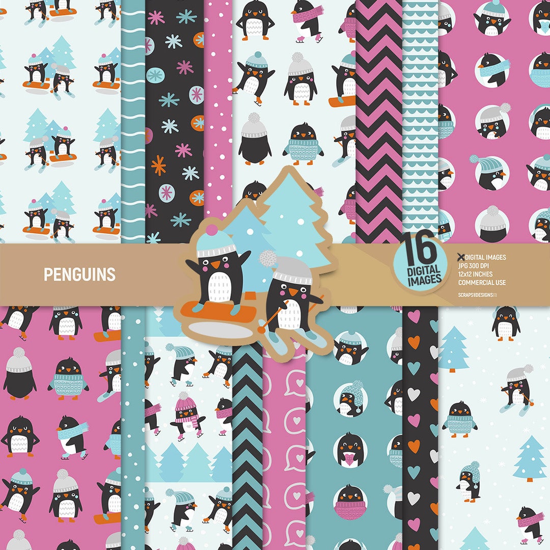 Penguins Digital Paper, Penguin Scrapbook Pages, Winter Pattern, Snow ...