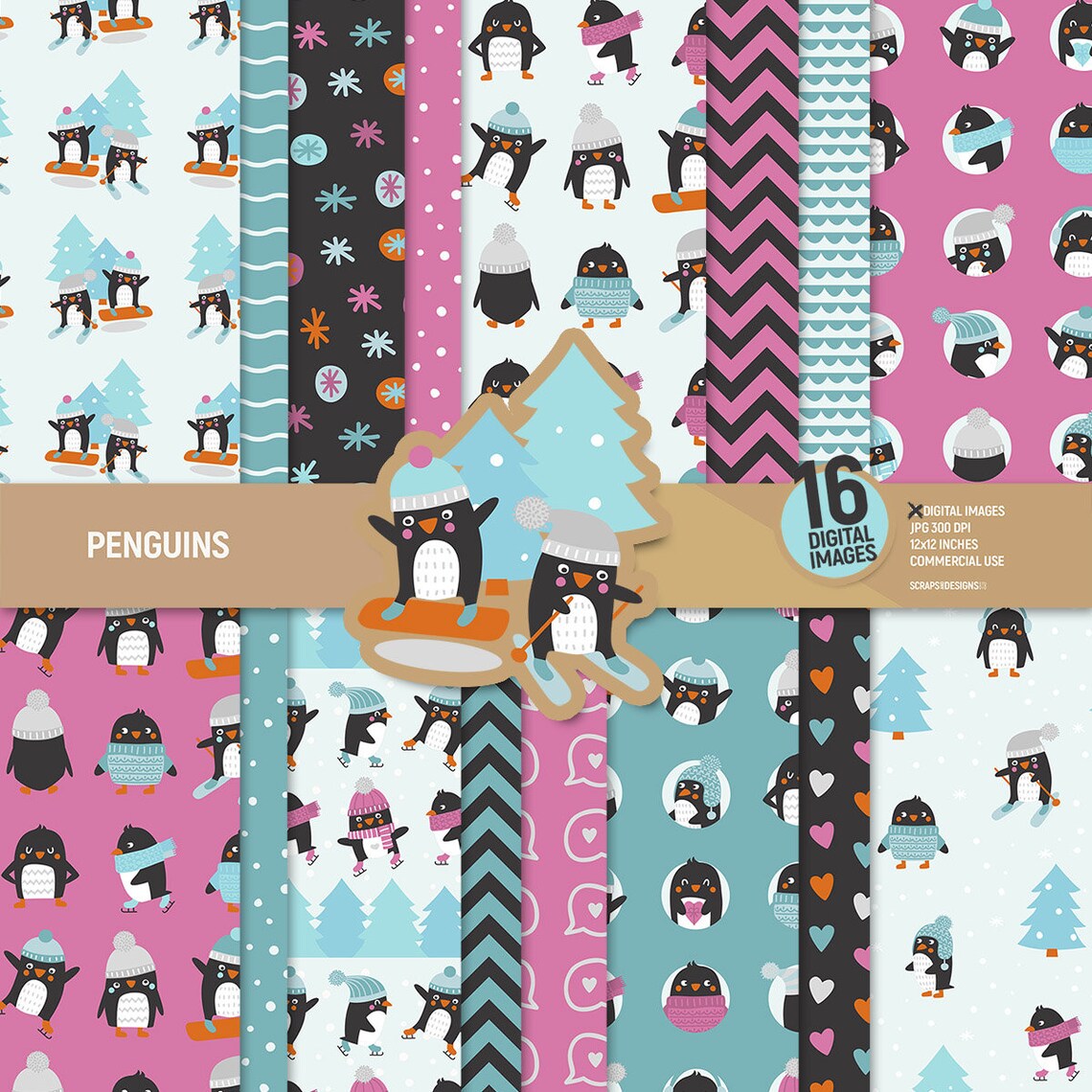Penguins Digital Paper, Penguin Scrapbook Pages, Winter Pattern, Snow ...
