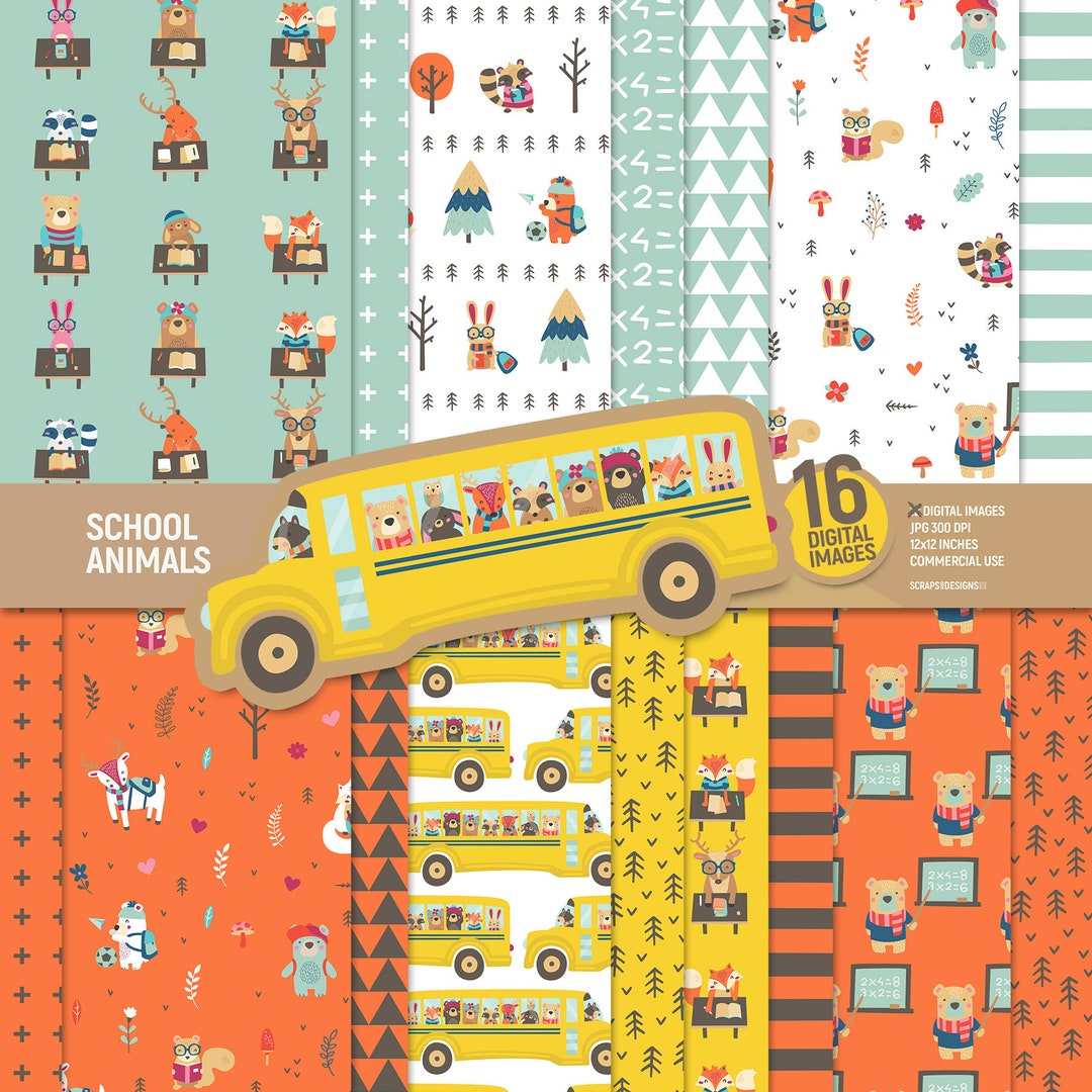 School Animals Digital Paper Pack, Woodland Scrapbook Pages, Kids ...