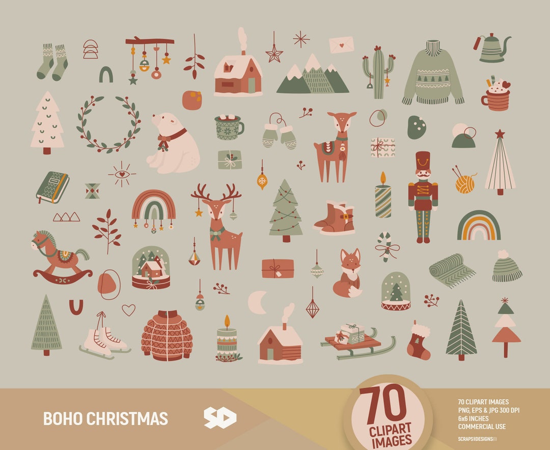 Boho Christmas Clipart, Neutral Elegant Rustic Nordic Clip Art, Animals ...