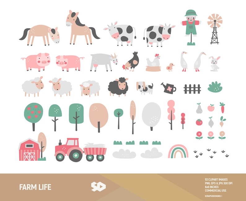 Farm Life Clipart Animals Clip Art. Draw Vector Printable - Etsy