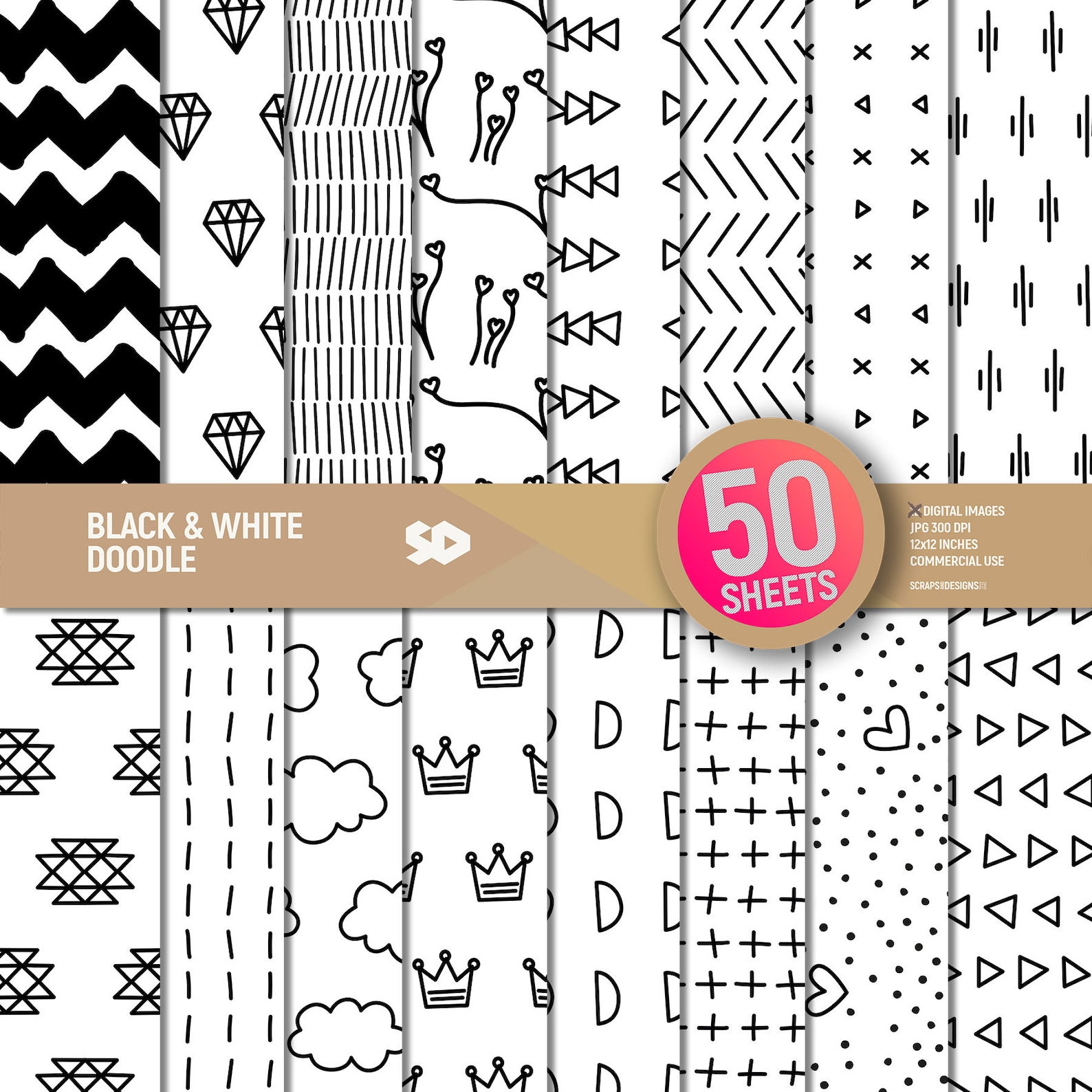 50 Black and White Doodle Digital Paper Pack. Patterns Scrapbooking ...