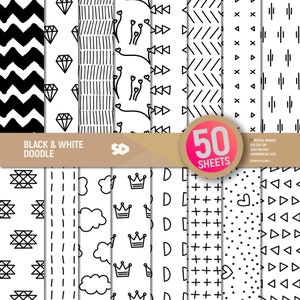 50 Black and White Doodle Digital Paper Pack. Patterns Scrapbooking ...