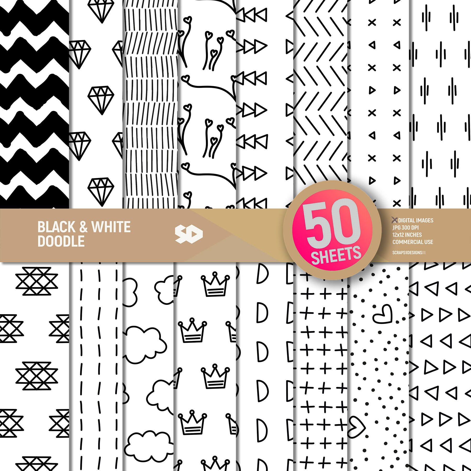 50 Black and White Doodle Digital Paper Pack. Patterns Scrapbooking ...