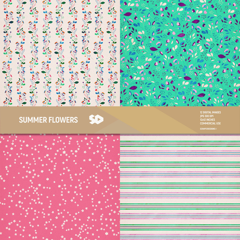 Summer Flowers Digital Paper Pack. Floral Scrapbooking Pages, Summer ...