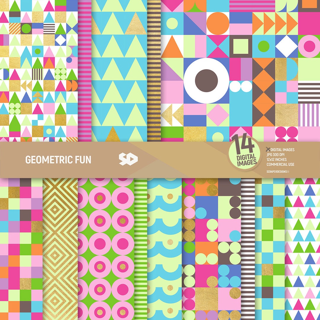 Geometric Fun Digital Paper Pack, Abstract Scrapbook Pages, Bright ...