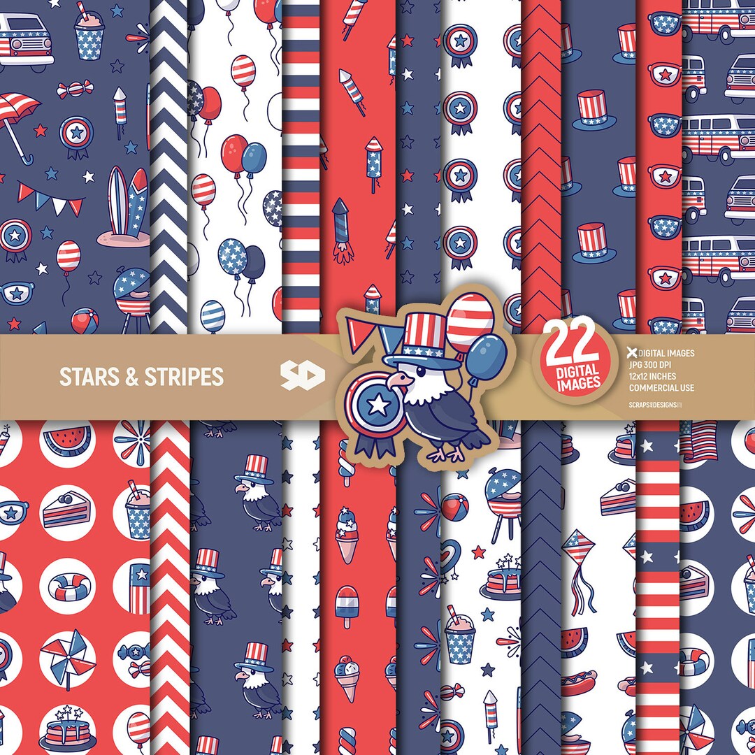 Stars and Stripes Digital Paper, 4th of July Independence Day Patterns ...