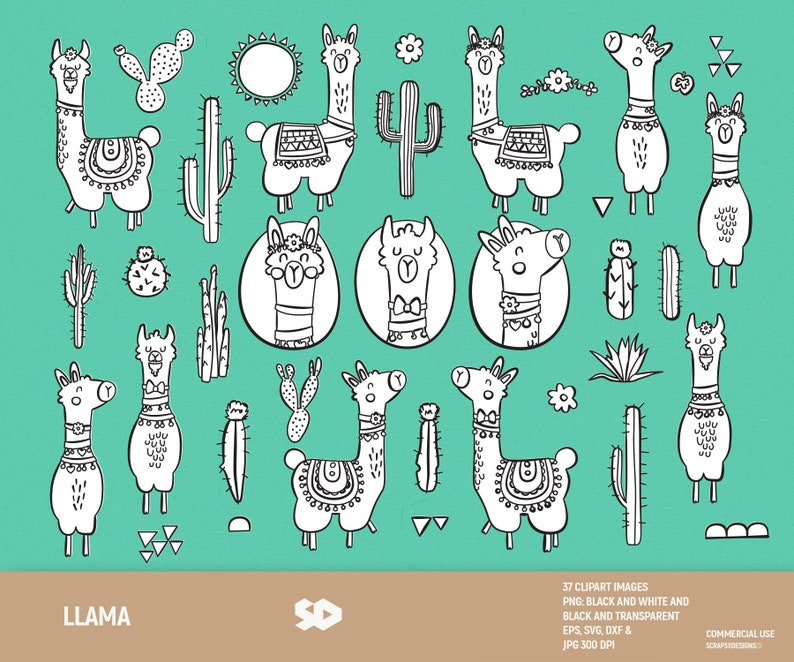 Llama clipart bundle alpaca clip art cactus digital stamp | Etsy