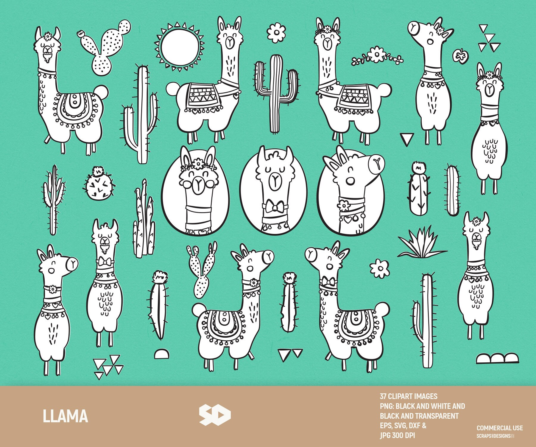 Llama clipart bundle alpaca clip art cactus digital stamp | Etsy
