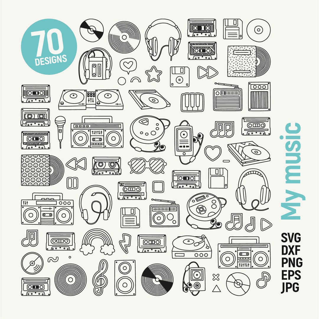 My Music Clipart Bundle, Retro 80s 90s Vintage Doodle. Vinyl, Boombox ...