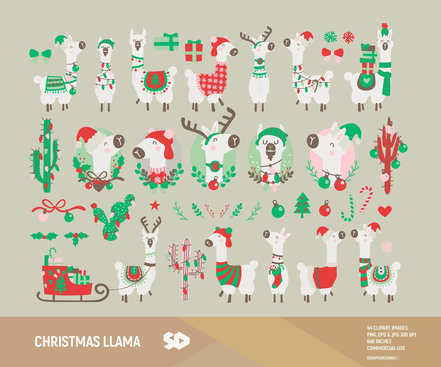 Christmas llama clipart cactus clip art alpaca clipart | Etsy