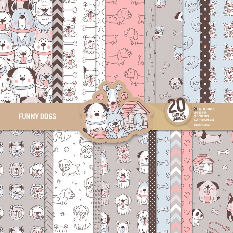 Funny Dogs Digital Paper Pack, Dog Scrapbook Pages, Patterns, Puppy ...