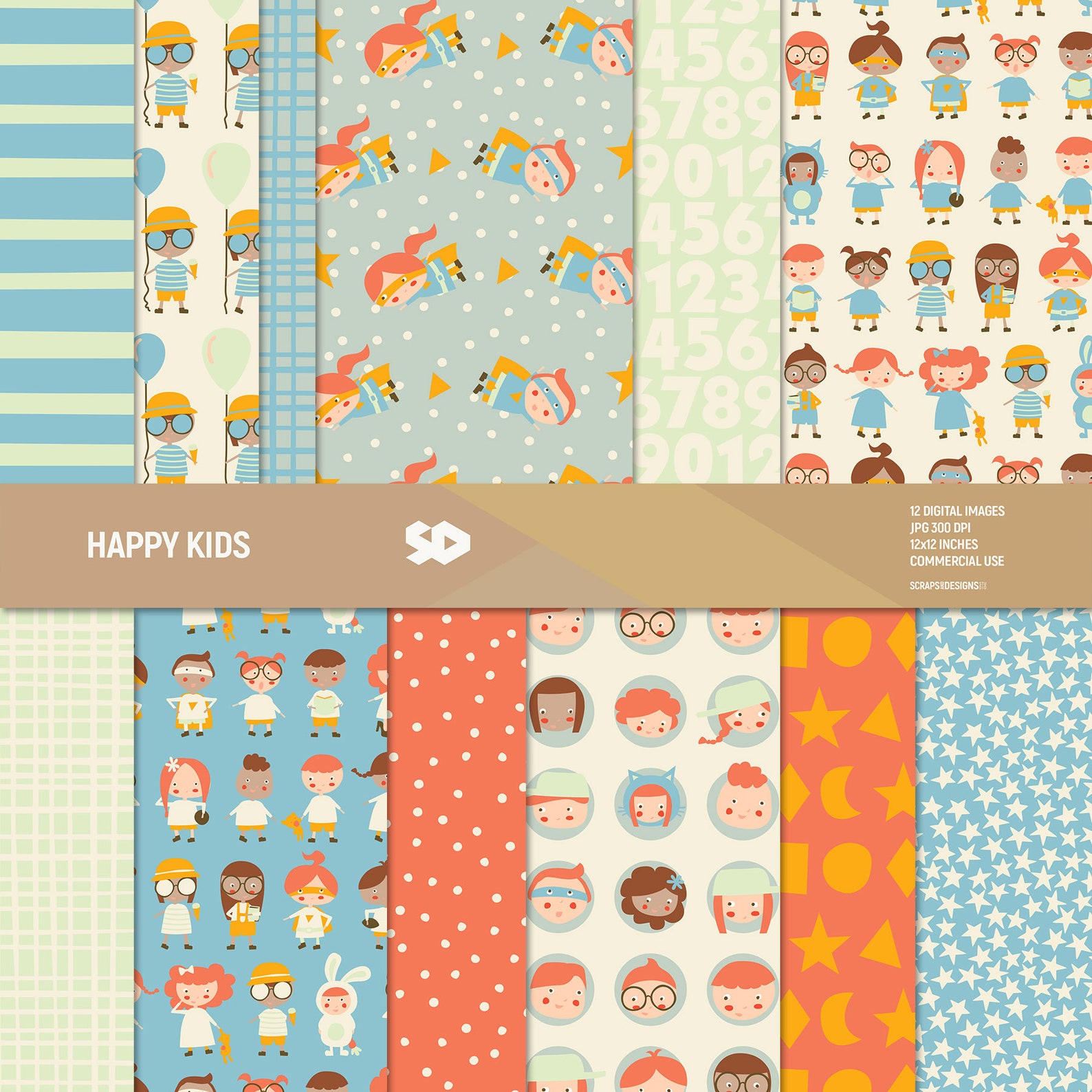 Happy Kids Digital Paper Pack, Children Scrapbook Pages, Boys Patterns ...