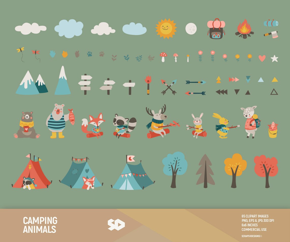 Camping Animals Clipart, Camper Clip Art. Campfire Tent Forest ...