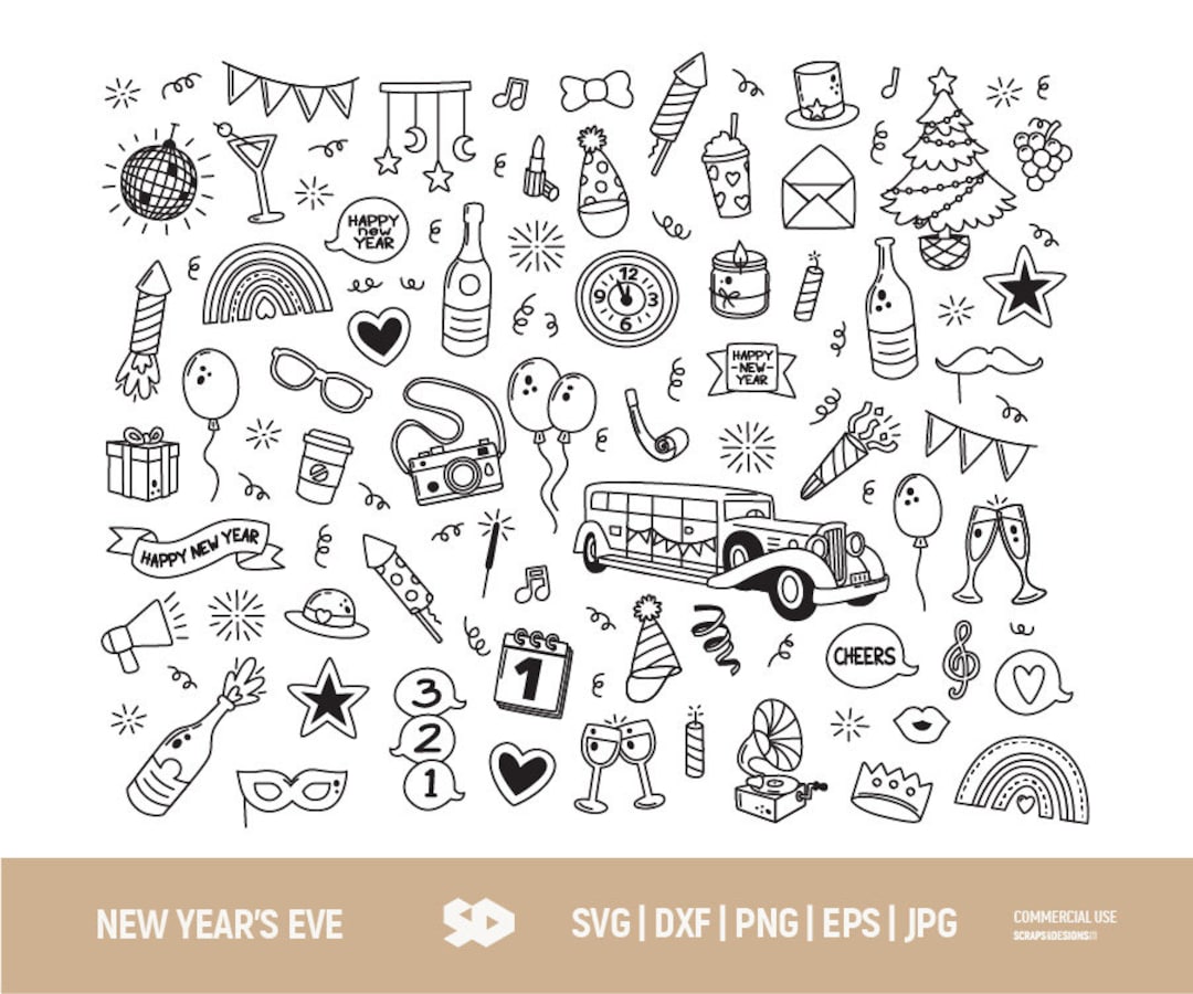 New Year's Eve Clipart Bundle, Doodle Christmas Party, Happy New Year ...