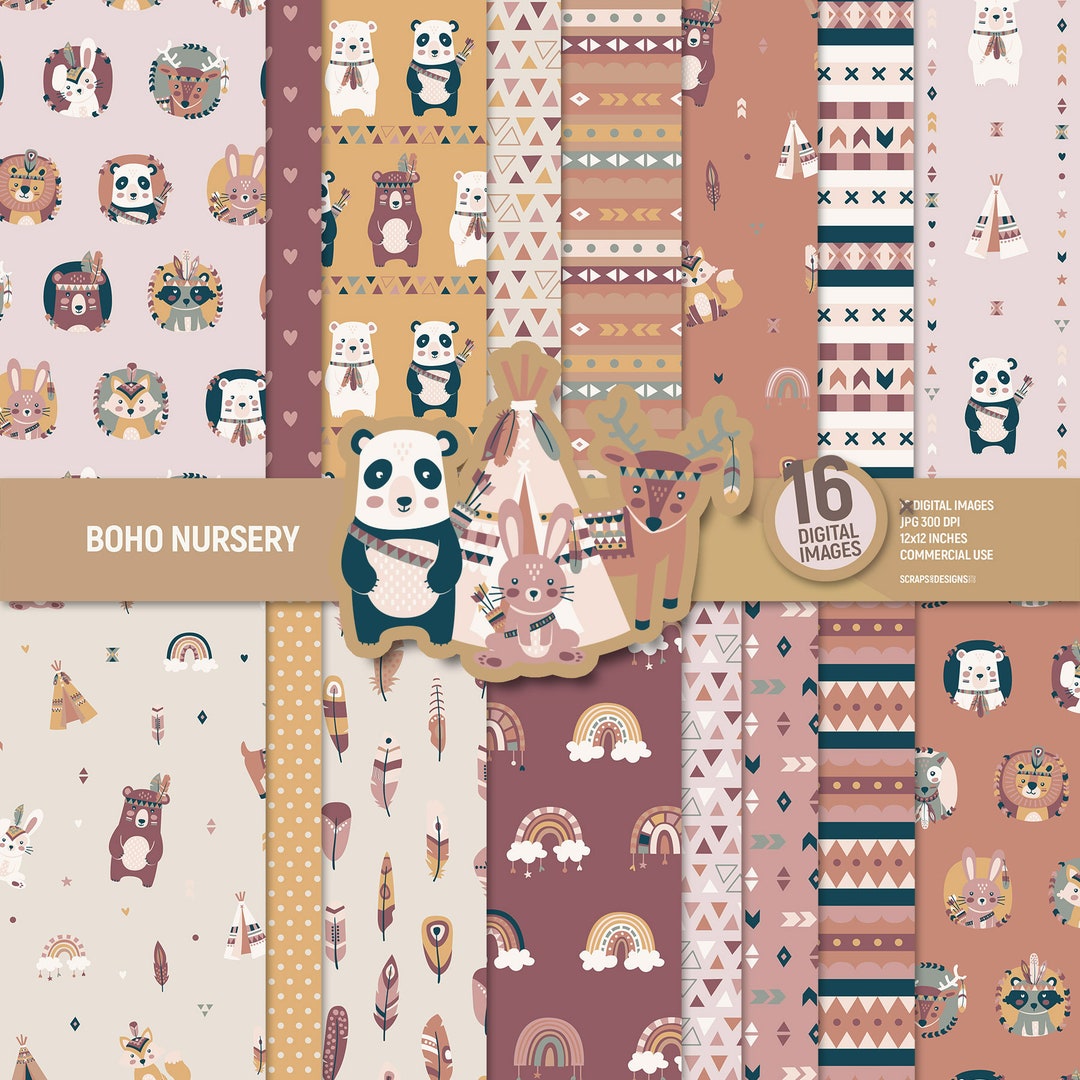Boho Nursery Digital Paper Pack, Tribal Animal Scrapbook Pages, Feather ...