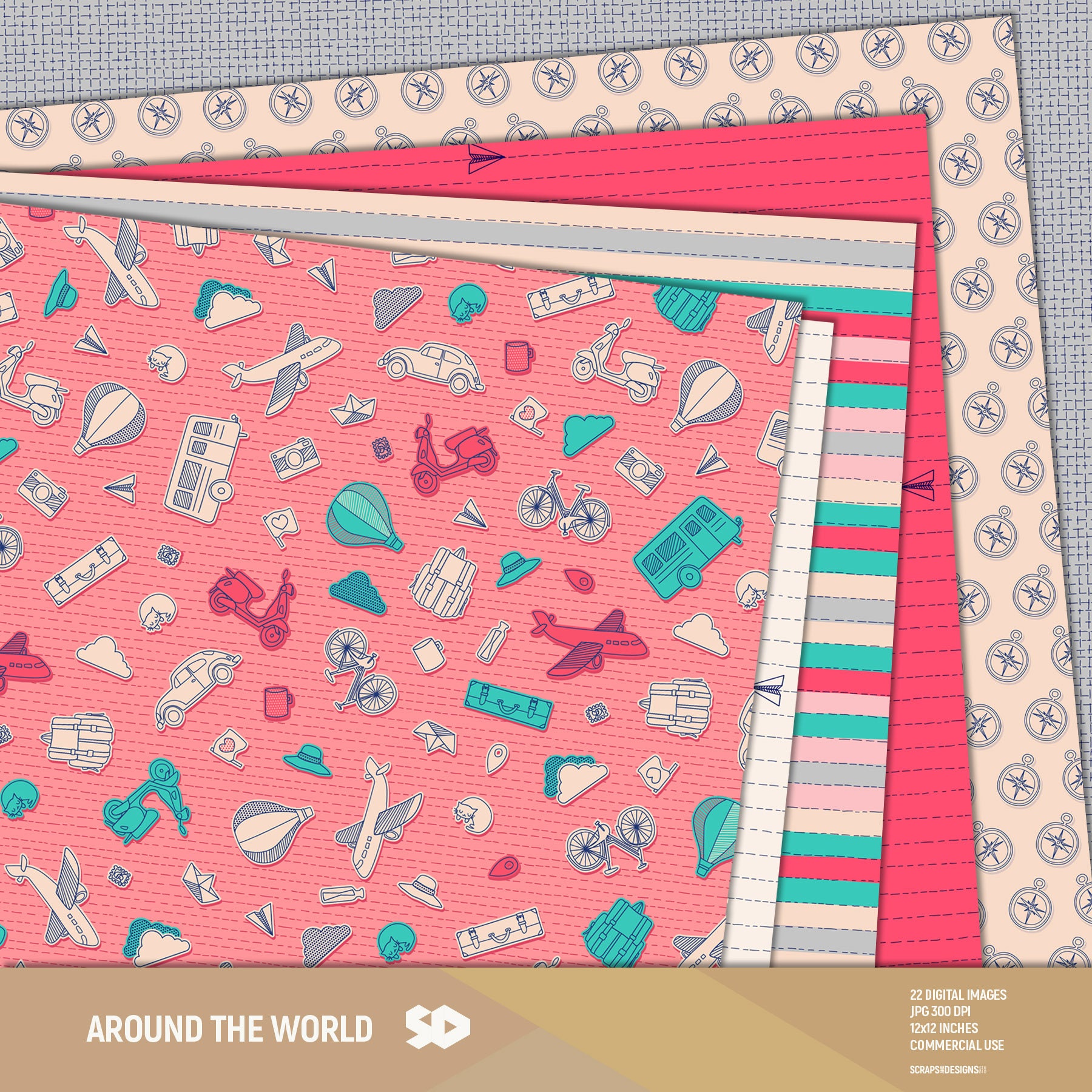 Travel Digital Paper Pack. Vacation Scrapbooking Pages World Background ...