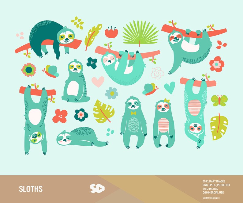 Sloths Clipart, Sloth Clip Art, Party Kids Clipart, Baby Shower Draw ...