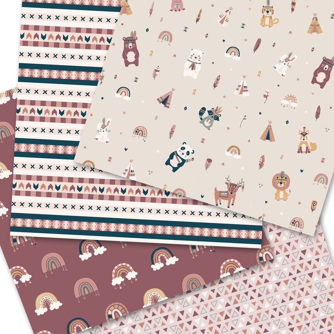 Boho Nursery Digital Paper Pack, Tribal Animal Scrapbook Pages, Feather ...