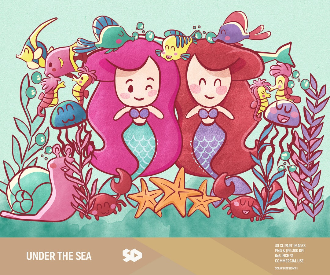 Mermaid Clipart, Underwater Clipart, Fish Clip Art, Sea Draw, Fish Crab ...