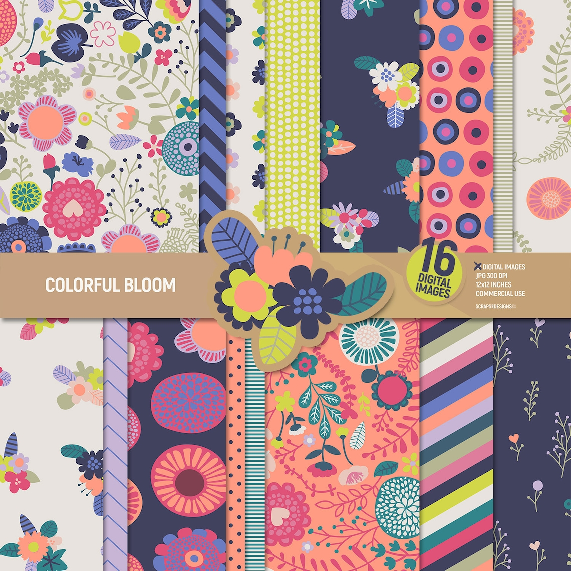 Colorful Blossom Digital Paper Pack, Floral Scrapbook Pages, Flower ...