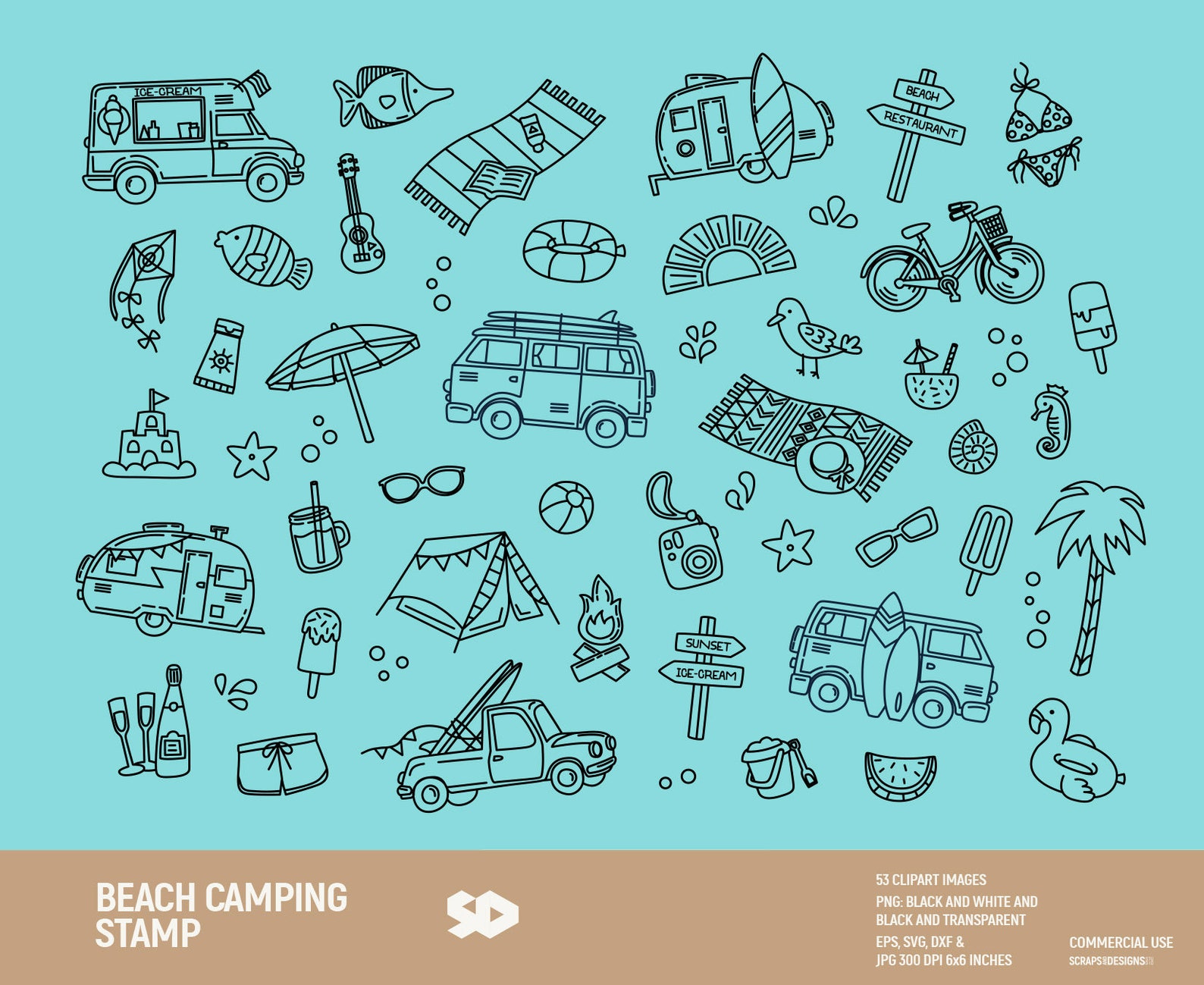 Beach Camping Clipart Bundle, Travel Holidays Clip Art Digital Stamp ...