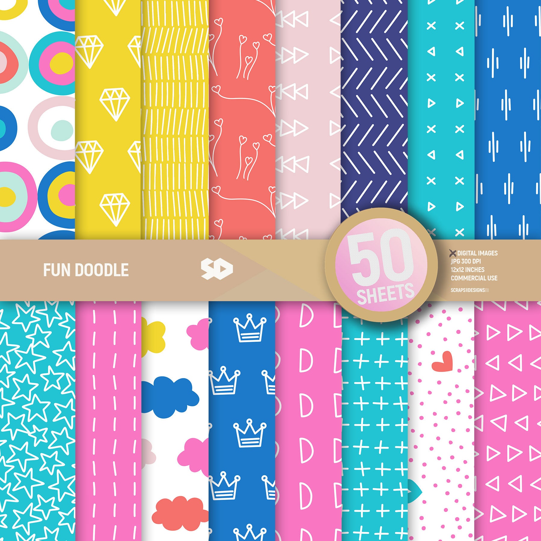 50 Fun Doodle Digital Paper Pack. Patterns Scrapbooking Pages. Colorful ...