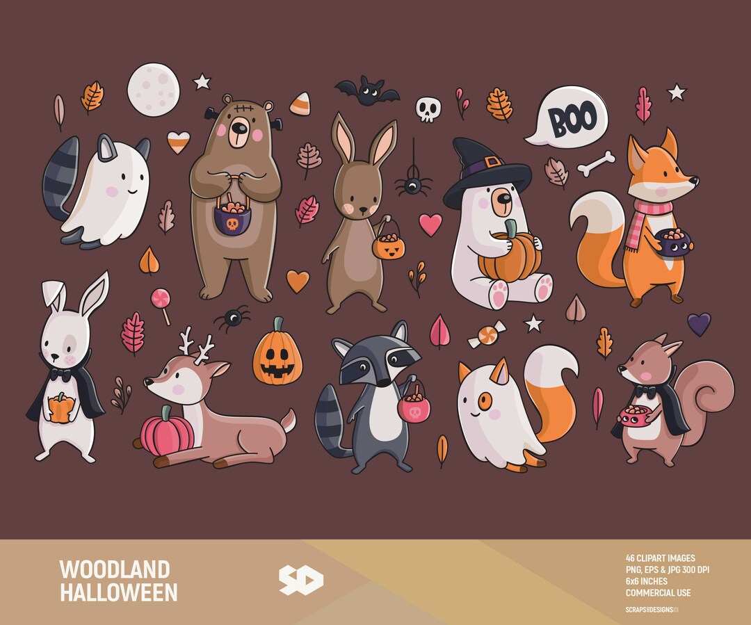 Woodland Halloween Clipart, Autumn Clip Art, Animals Draw, Fox Deer ...