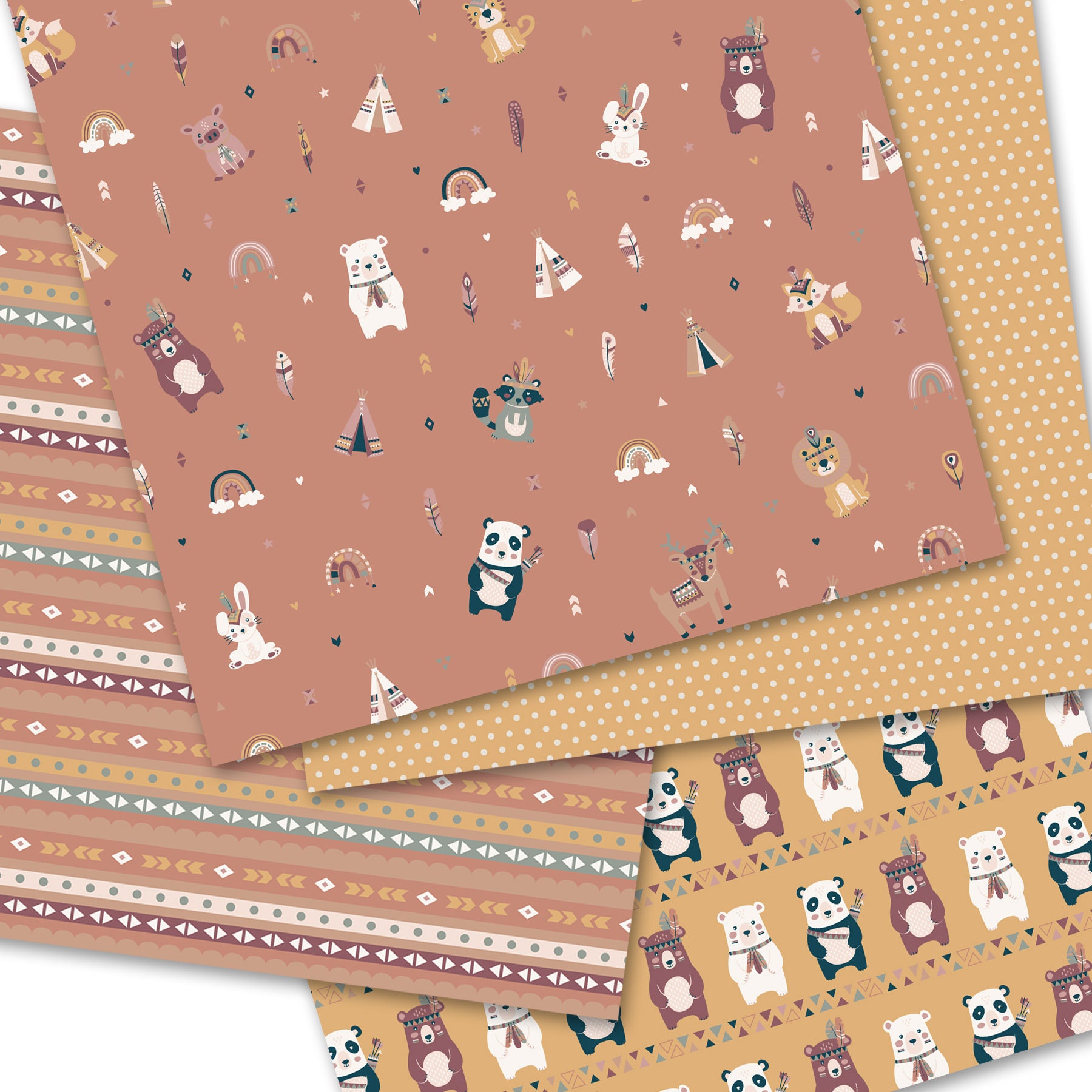 Boho Nursery Digital Paper Pack, Tribal Animal Scrapbook Pages, Feather ...