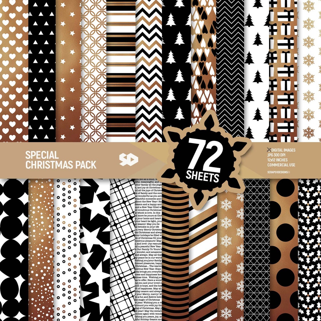 72 Christmas Digital Paper Pack. Black White and Gold Xmas Scrapbooking ...